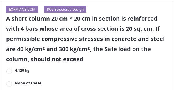 A short column 20 cm × 20 cm in section is reinforced with 4 bars whose ...