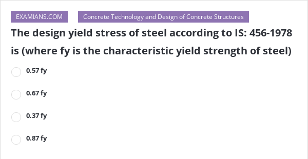 The design yield stress of steel according to IS: 456-1978 is (where fy ...
