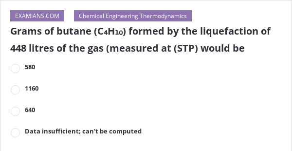 Grams of butane (C₄H₁₀) formed by the liquefaction of 448 litres of the ...
