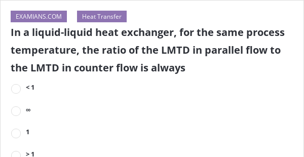In a liquid-liquid heat exchanger, for the same process temperature ...