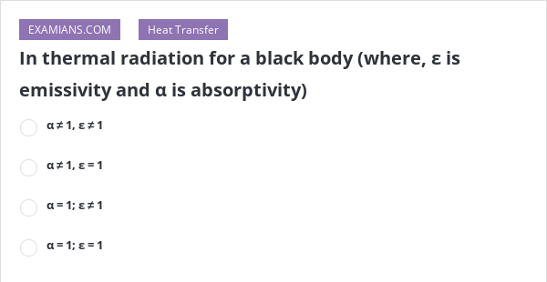 In thermal radiation for a black body (where, ε is emissivity and α is ...