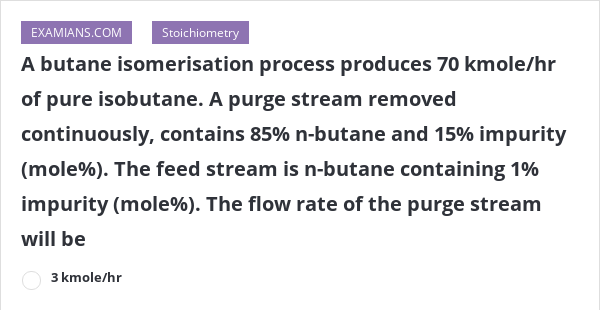 A butane isomerisation process produces 70 kmole/hr of pure isobutane ...
