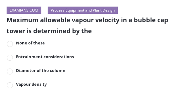 Maximum allowable vapour velocity in a bubble cap tower is determined ...