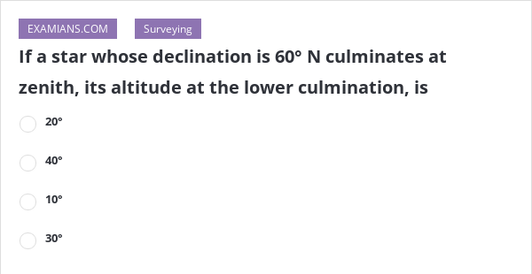 If a star whose declination is 60° N culminates at zenith, its altitude ...