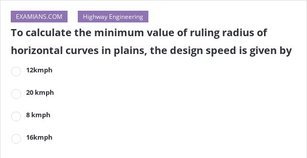 To calculate the minimum value of ruling radius of horizontal curves in plains, the design speed ...