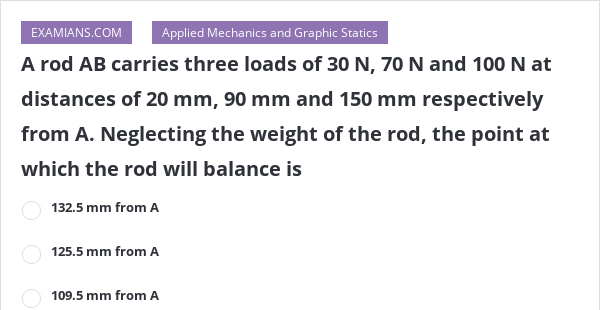 A rod AB carries three loads of 30 N, 70 N and 100 N at distances of 20 ...