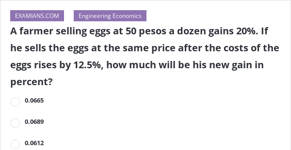 A Farmer Selling Eggs At 50 Pesos A Dozen Gains 20 If He Sells The Eggs At The Same Price a-farmer-selling-eggs-at-50-pesos-a-dozen-gains-20-if-he-sells-the-eggs-at-the-same-price