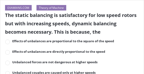 The static balancing is satisfactory for low speed rotors but with ...