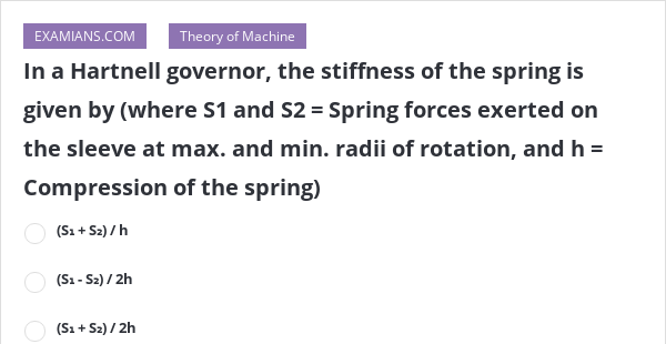 In a Hartnell governor, the stiffness of the spring is given by (where ...