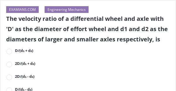 The velocity ratio of a differential wheel and axle with 'D' as the ...