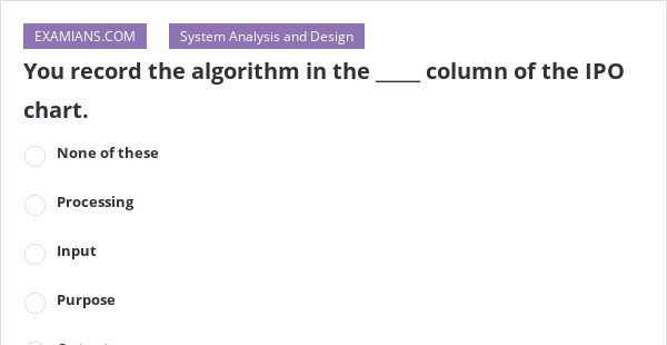 You record the algorithm in the _____ column of the IPO chart. | EXAMIANS