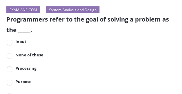 Programmers refer to the goal of solving a problem as the _____. | EXAMIANS