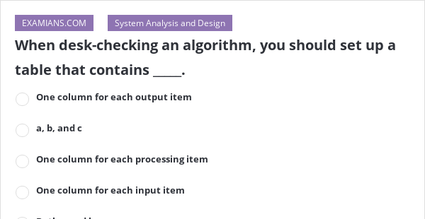 When Desk Checking An Algorithm You Should Set Up A Table That Contains Examians 