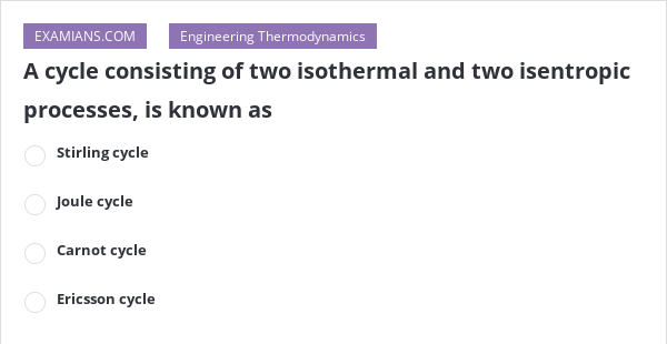 A cycle consisting of two isothermal and two isentropic processes, is ...
