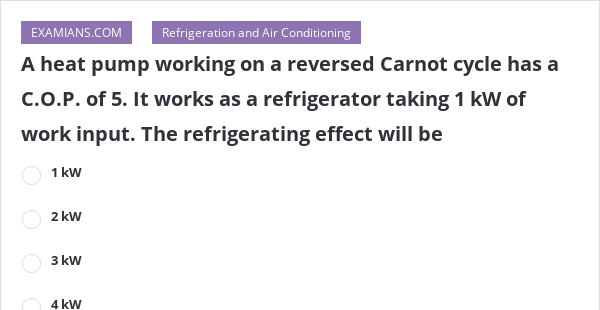 A heat pump working on a reversed Carnot cycle has a C.O.P. of 5. It ...
