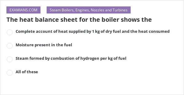 The heat balance sheet for the boiler shows the | EXAMIANS