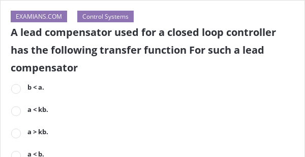 A lead compensator used for a closed loop controller has the following ...