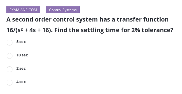 A second order control system has a transfer function 16/(s² + 4s + 16 ...