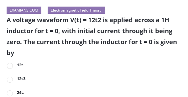A voltage waveform V(t) = 12t2 is applied across a 1H inductor for t = 0, with initial current ...