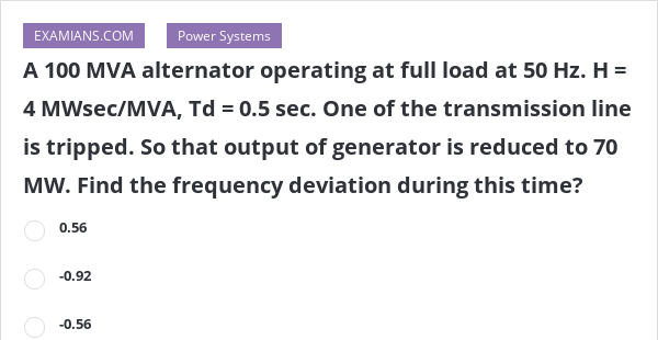 A 100 MVA alternator operating at full load at 50 Hz. H = 4 MWsec/MVA ...