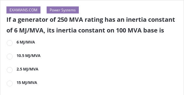 If a generator of 250 MVA rating has an inertia constant of 6 MJ/MVA ...