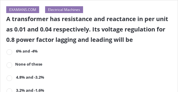 A transformer has resistance and reactance in per unit as 0.01 and 0.04 ...