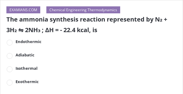 The ammonia synthesis reaction represented by N₂ + 3H₂ ⇋ 2NH₃ ; ΔH ...