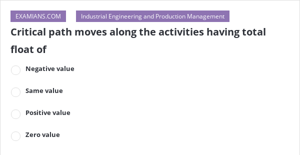 Critical path moves along the activities having total float of | EXAMIANS