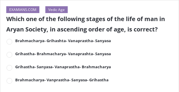 Which one of the following stages of the life of man in Aryan Society ...