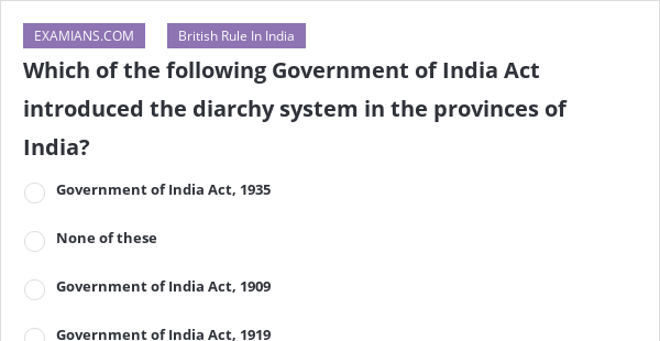 Which of the following Government of India Act introduced the diarchy ...