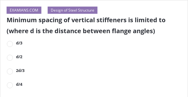Minimum spacing of vertical stiffeners is limited to (where d is the ...