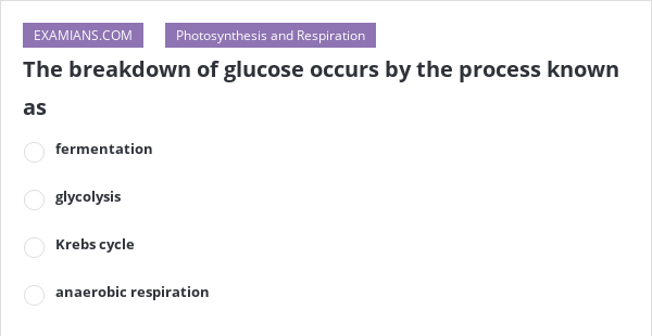 The breakdown of glucose occurs by the process known as | EXAMIANS