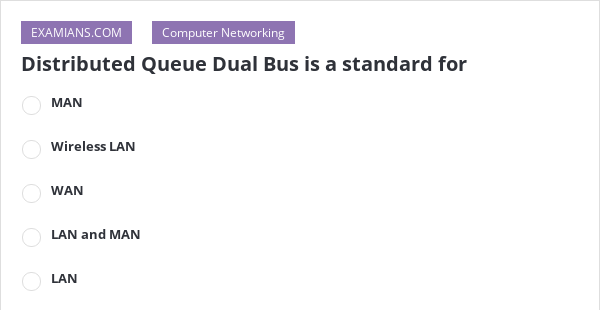 Distributed Queue Dual Bus is a standard for | EXAMIANS