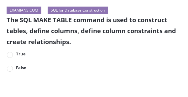 The SQL MAKE TABLE command is used to construct tables, define columns ...