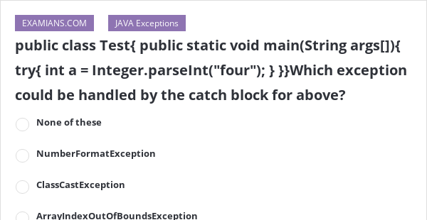 Public Class Test Public Static Void Mainstring Args Try Int A Integerparseintfour