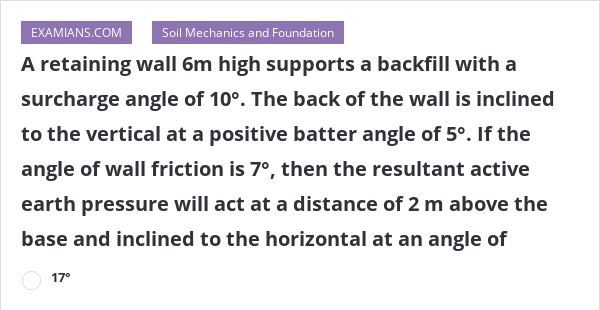 A retaining wall 6m high supports a backfill with a surcharge angle of ...