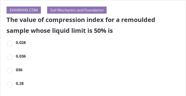 The value of compression index for a remoulded sample whose liquid ...