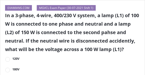 In a 3-phase, 4-wire, 400/230 V system, a lamp (L1) of 100 W is ...