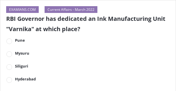 RBI Governor has dedicated an Ink Manufacturing Unit "Varnika" at which ...
