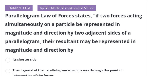 Parallelogram Law of Forces states, "if two forces acting ...