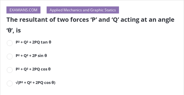 The resultant of two forces ‘P’ and ‘Q’ acting at an angle ‘θ’, is ... The resultant of two forces ‘P’ and ‘Q’ acting at an angle ‘θ’, is ...